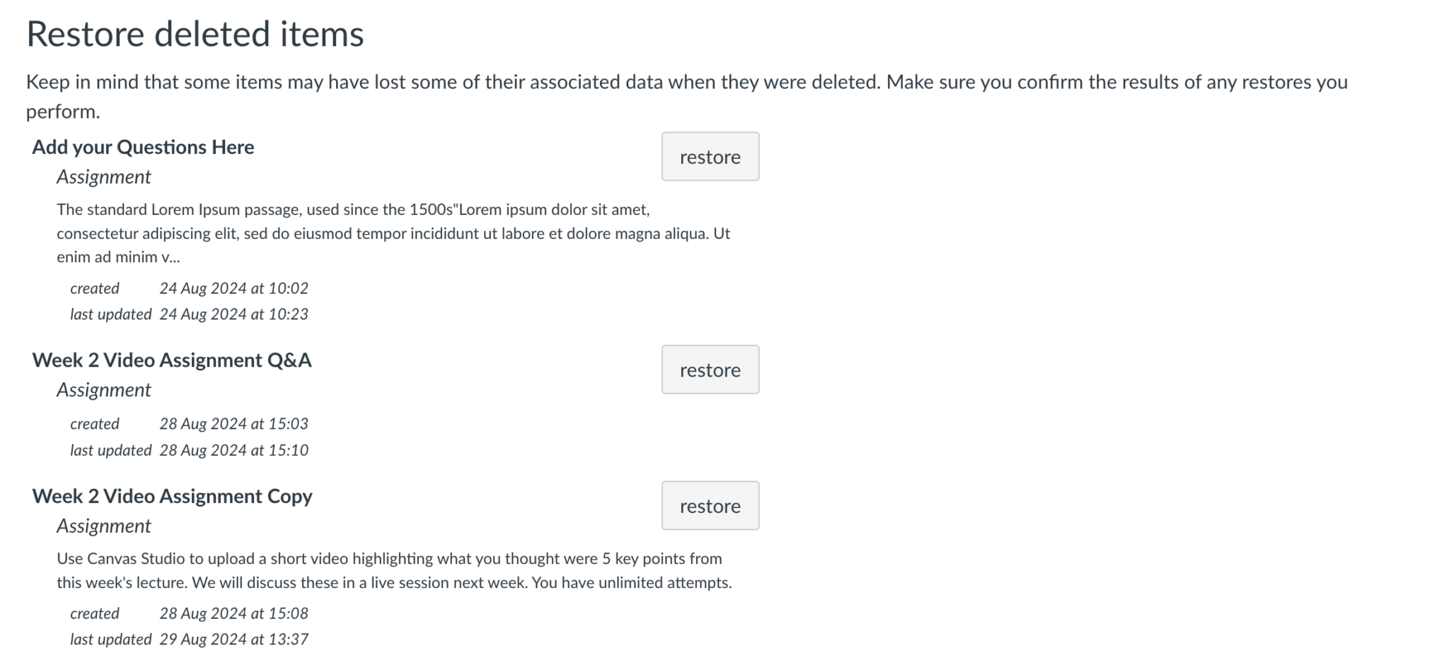 Restoring deleted content in Canvas – Getting Started with Canvas